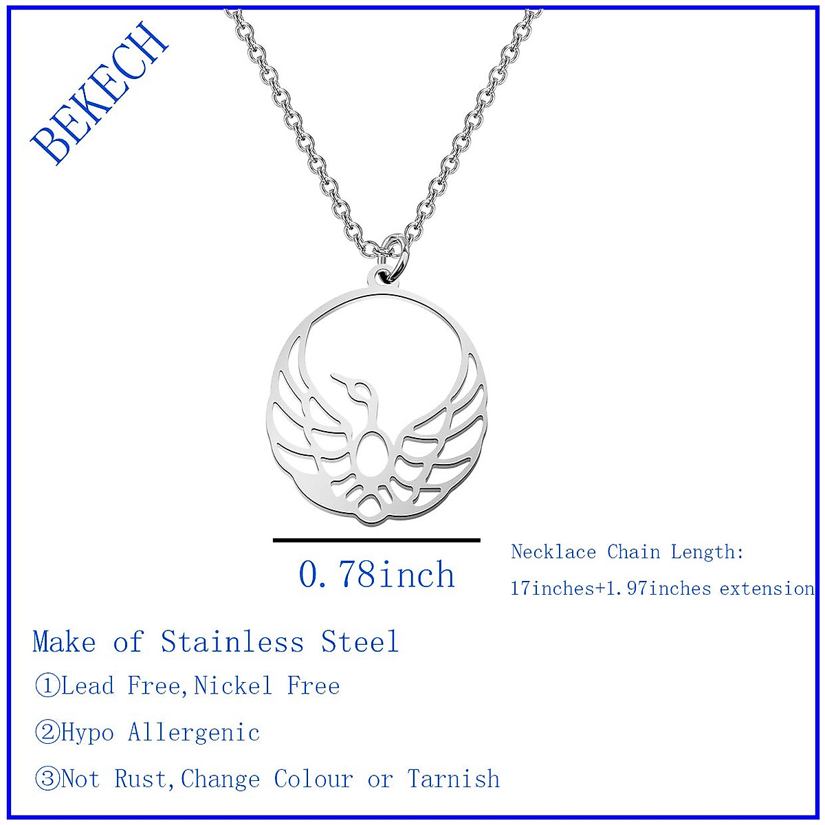 BEKECH Rising Phoenix Pendant Necklace Phoenix Charm Jewelry Inspirational Fire Bird for New Beginnings Phoenix Charm Necklace Gift for Her Women Friend Graduates (silver)