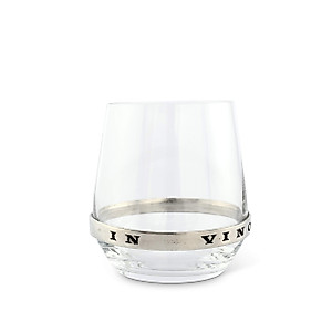 Vagabond House Pewter Band In Vino Veritas Stemless Red Wine Glass 4 inch Tall