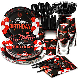168 Pcs Black and Red Birthday Party Supplies Tableware Set Happy Birthday Plates, Knife,Forks,Spoons, Cups and Napkins Table Decorations for Women Girls Birthday Party Decorations, 24 Guests