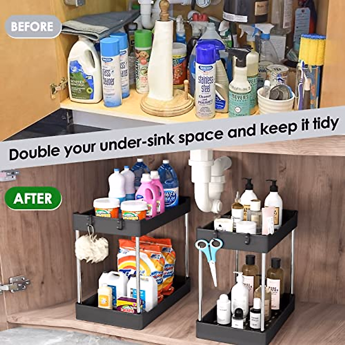 Tailide Under Sink Organizers and Storage (2 Pack), 2 Tier Bathroom Organizer Under Sink, Black Under Kitchen Sink Organizers and Storage, Cleaning Supplies Organizer, Counter Under Cabinet Storage