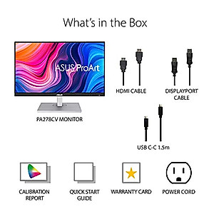 ASUS ProArt Display 27" Monitor - WQHD (2560 x 1440), IPS, 100% sRGB, 100% Rec. 709, ΔE < 2, Calman Verified, USB Hub, USB-C, Daisy-chaining, HDMI, Compatible With Laptop & Mac Monitor - PA278CV