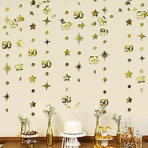 Gold 50th Birthday Decorations Number 50 Circle Dot Twinkle Star Garland Metallic Hanging Streamer Bunting Banner Backdrop for 50 Year Old Birthday Happy 50th Anniversary Fiftieth Party Supplies