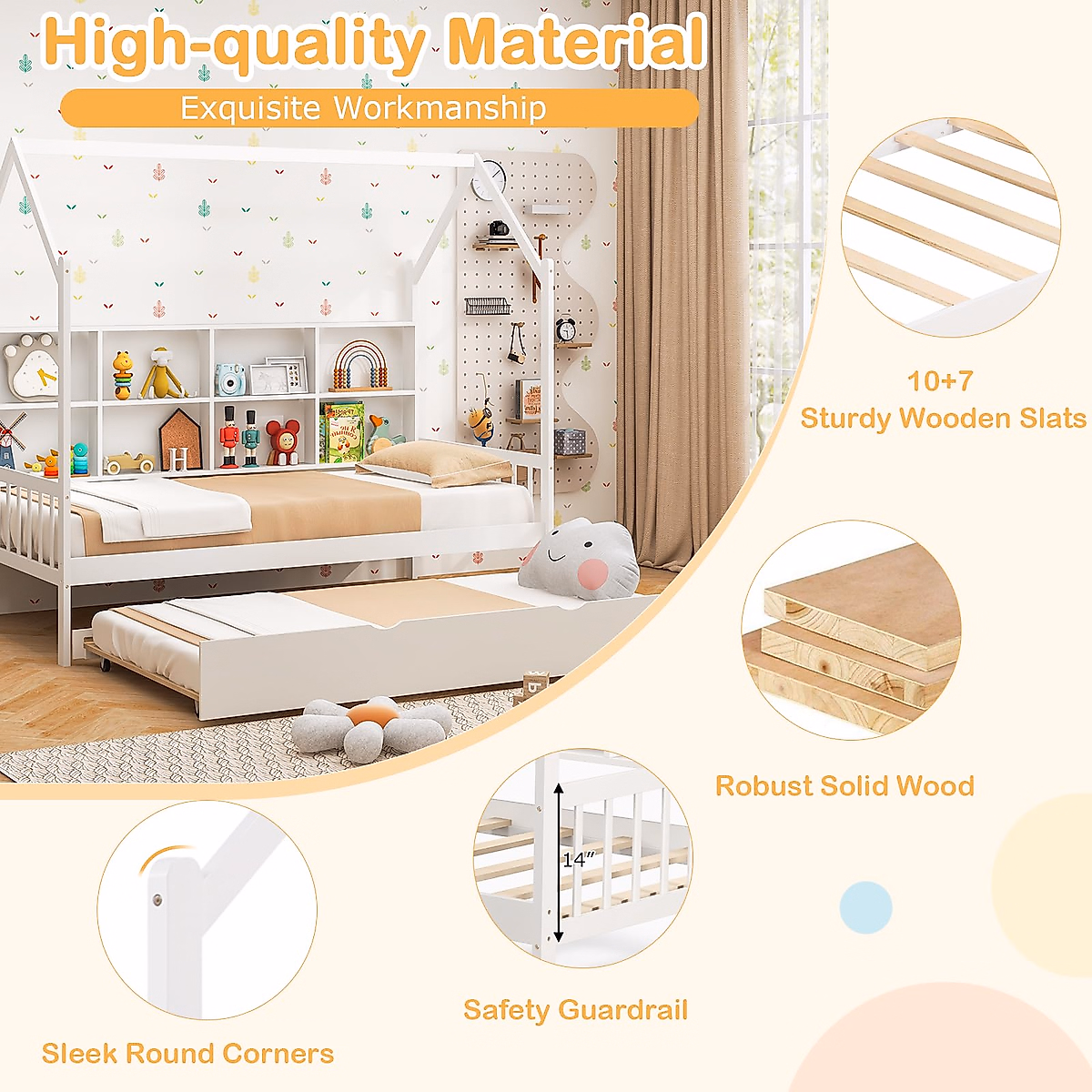 Giantex Twin House Bed with Trundle, Wood Daybed with 8 Cube Storage Bookcase, Montessori Bed, Tent House Bed for Kids Girls Boys, No Box Spring Needed, White