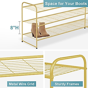 AOODA Long 3 Tier Metal Shoe Rack for Closet Wide Stackable Shoe Storage Organizer for Entryway, Bedroom, Floor, 24-Pairs Men Sneakers Shoe Shelf with Wire Grid, Golden