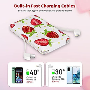 Portable Charger 5000mAh Cute Ultra Slim USB C Power Bank for Girls Mini Fast Charging Small Battery Pack with Built in Cables Compatible with iPhone iPad Samsung Pixel Android Phones,Strawberry