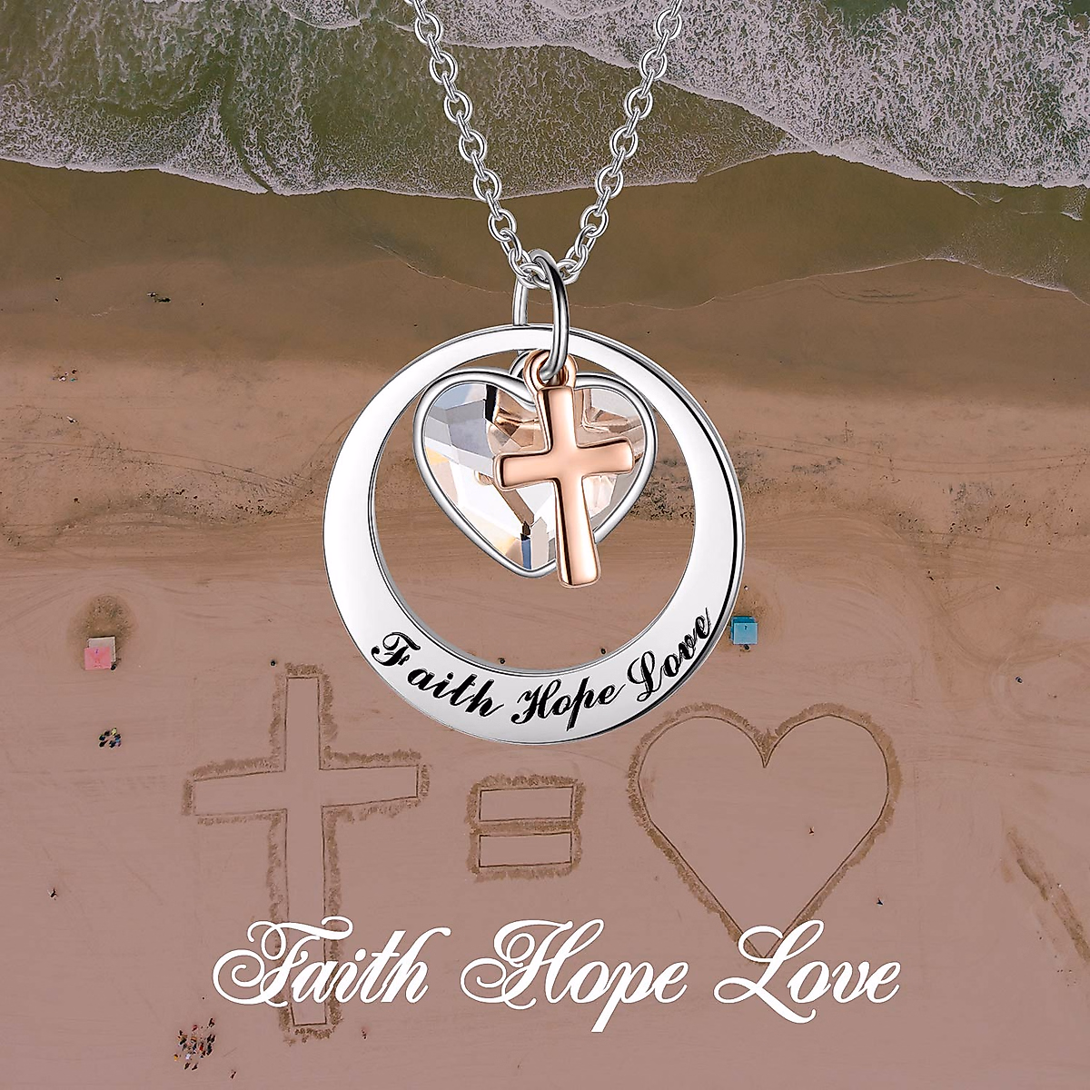 AOBOCO Two-Tone Sterling Silver and Rose Gold-Faith Hope Love Cross Charm Pendant Necklace with Austrian Crystal