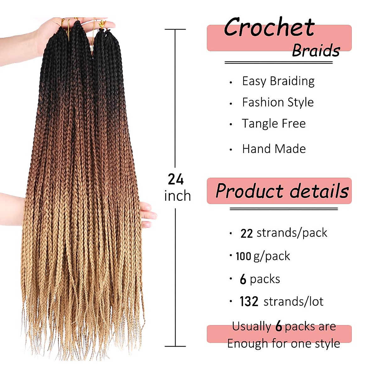 Ombre Box Braids Crochet Hair 6 Packs Goddess Pre looped Crochet Box Braids for Women Black to Honey Blonde Golden 3X Small Box Braided Knotless Braiding Hair Extensions(24 Inch,T1B/4/27#)