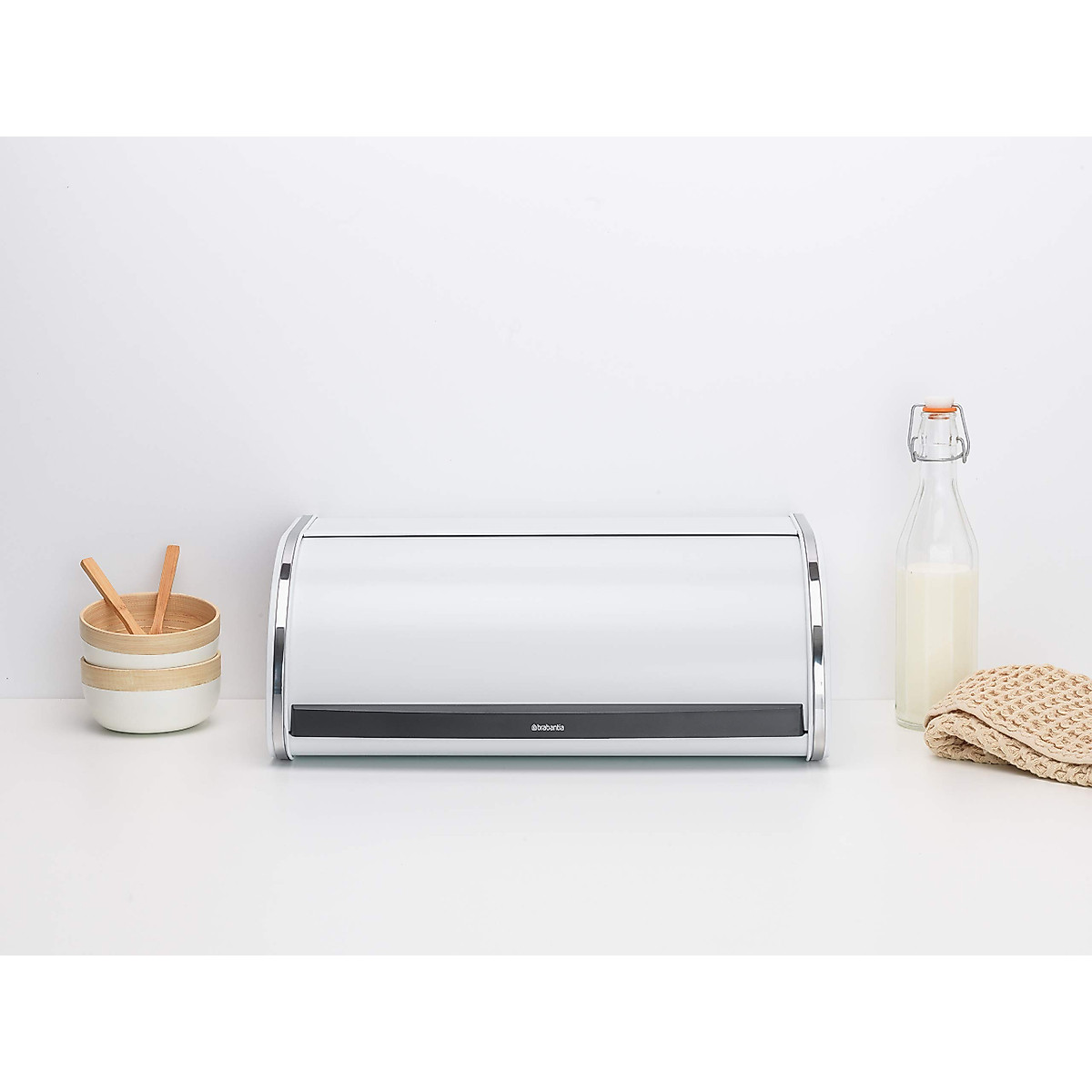 Brabantia Roll Top Bread Box (Fresh White) Large Front Opening Flat Top Bread Box, Fits 2 Loaves, Ideal for Kitchen Counter