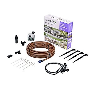 Raindrip SDGCBHP Automatic Drip Irrigation Watering Kit with Timer for Ground Cover & Flower Beds, Waters up to 200 Sq. ft, Timer with Customizable Settings & 13 GPH Half-Circle Adjustable Sprayers, Black;Galvanized Steel;Brown