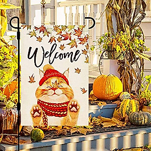 ORTIGIA Welcome Fall Cat Garden Flag Blurap Vertical Double Sided 12x18inch Autumn Maple Leaf Garden Flag for Outside Fall Thanksgiving Farmhouse Seasonal Holiday Yard Décor