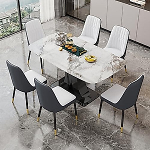 Henf 7-Piece Dining Set Modern Table and Chair Set for 6, Faux Marble Top Dining Table with 6pcs White&Gray Dining Chairs, 63'' White Dining Room Table with MDF Base, Kitchen Table Set for 6