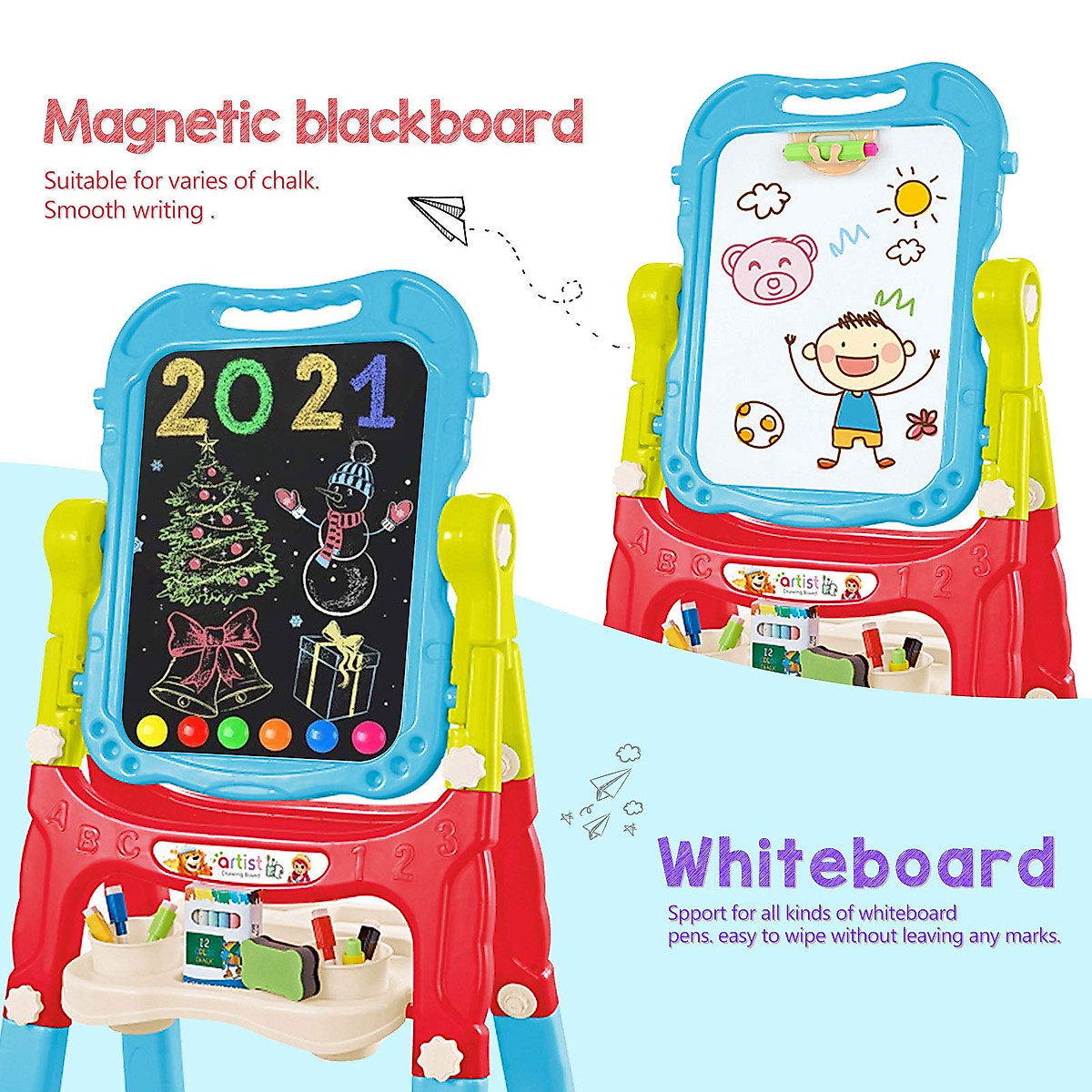 Mojitodon Easel for Kids,Rotatable Double Sided Adjustable Standing Art Easel with Painting Accessories for Toddlers Boys and Girls-Blue