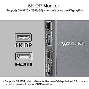 WAVLINK USB3.0 Dual 4K Laptop Docking Station, USB C to Single 5K@60Hz or Dual 4K@60Hz Video Outputs Dual Monitor for Windows (2xDisplayport, 2xHDMI, 6 USB 3.0 Port, LAN, Audio)