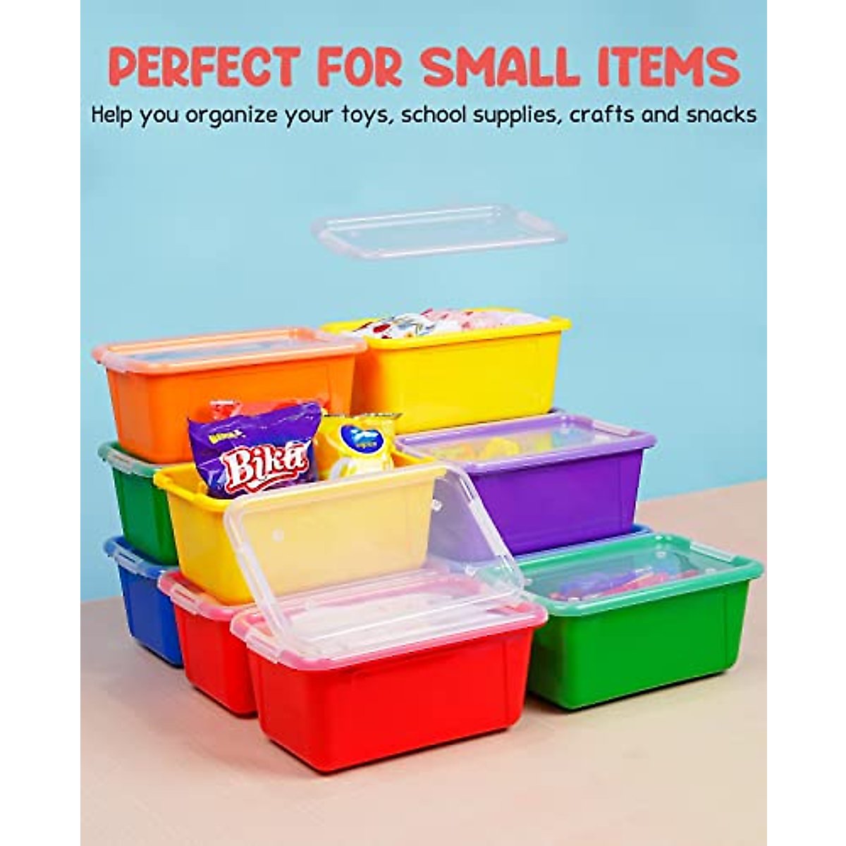 GAMENOTE Multicolor Storage Bins with Lids - 5 Qt 12 Pack Small Cubby Bins Stackable Plastic Containers for Classroom Book Bin Toy Organizers (12× 7.2 × 5.1 inches)