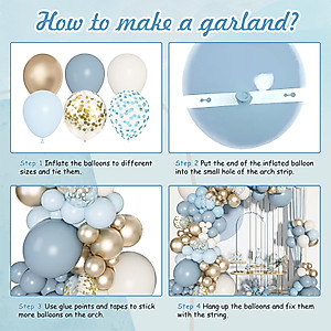 Ouddy Life 180Pcs Dusty Baby Blue Balloons Arch Garland Kit, Blue Baby Shower Decorations Boy with Fog Blue Sand White Chrome Gold Champagne Balloons for Birthday Boho Bridal Shower Party Decor