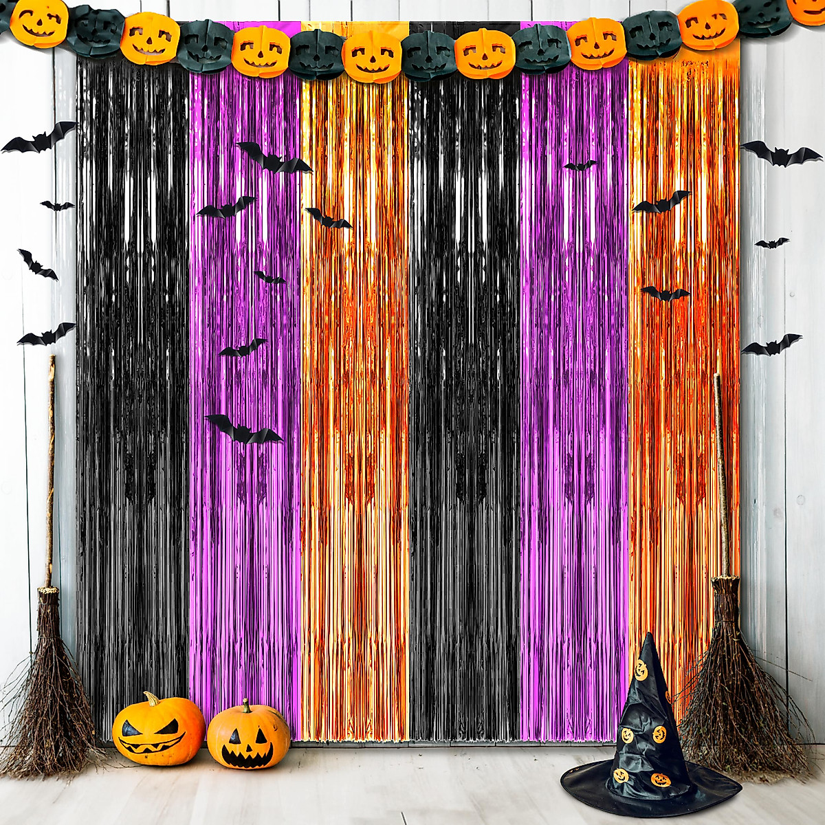 algpty 3 Pack Halloween Foil Curtains Backdrop with 16 Pcs Halloween Bats, 3.3 x 6.6FT Orange Purple Black Metallic Tinsel Foil Fringe Curtains Halloween Party Photo Booth Props Halloween Decor Indoor