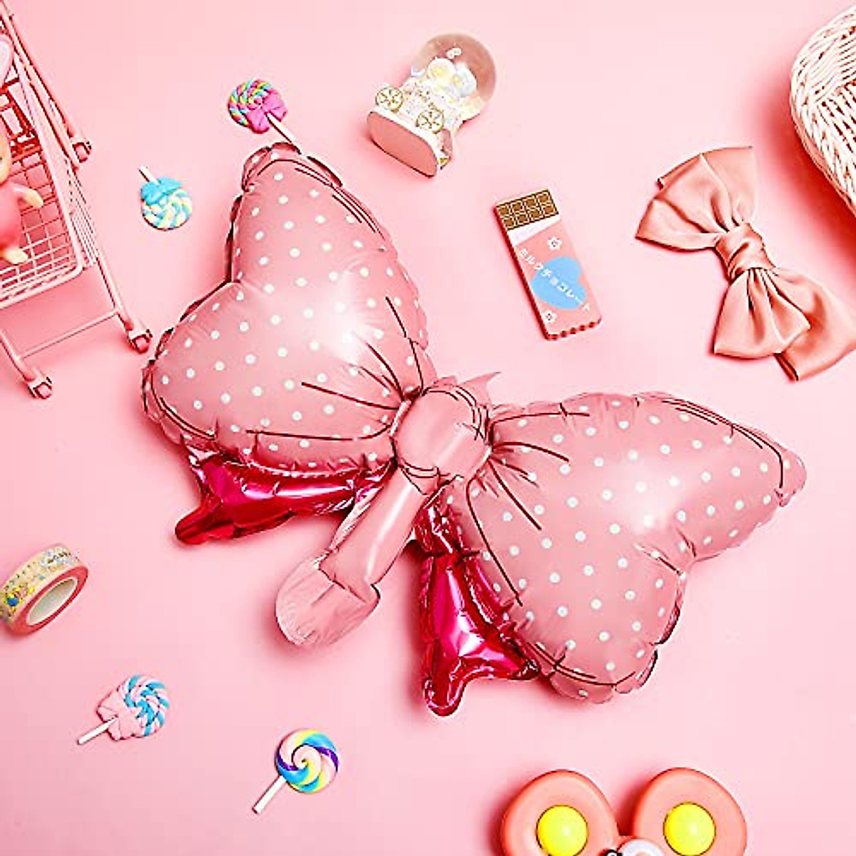 6 Pieces Bow Balloon Mouse Party Decoration Bowtie Pink Balloon Foil Pink Balloon Jumbo Bow Balloon for Wedding Bridal Shower Gender Reveal Balloon Party Gift Decoration (Large and Small)