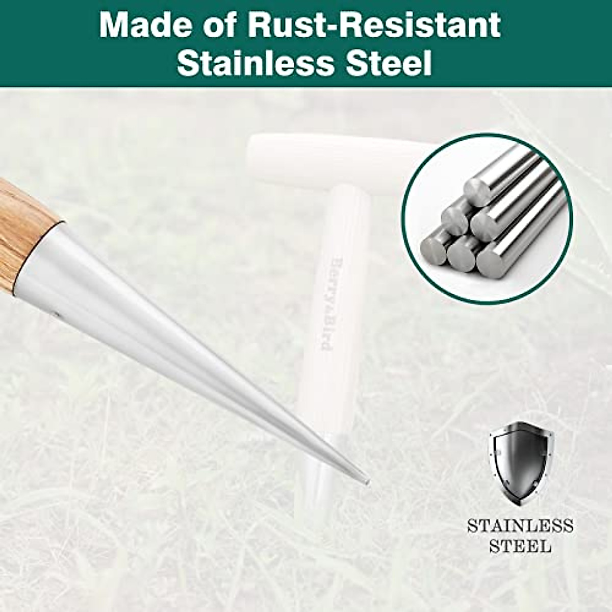 Berry&Bird Hand Dibber, Stainless Steel Sow Dibbler with Wood Handle, Garden Hole Punch Dibbler Tool for Planting Seeds & Bulbs, Hand Held Bulb Planter for Planting Flowers Tulips, Daffodils, Dahlias