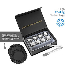 𝗕𝗘𝗦𝗧 𝗚𝗜𝗙𝗧: Exclusive Whiskey Stones Gift Set - High Cooling Technology - Reusable Ice Cubes - Stainless Steel Whisky Rocks - Whiskey Gifts for Men - Regalos para Hombre - Coasters + Ice Tongs