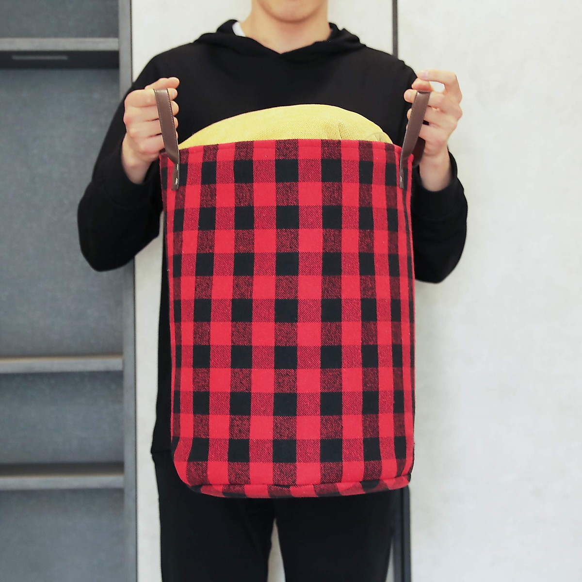 17.7" Large Collapsible Storage Basket with Leather Handles, Red Buffalo Plaid Woolen Fabric Foldable Tote Bags Round Home Decorative Organizer Bin