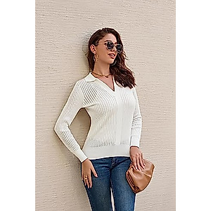 GRACE KARIN Women's Casual Foldover Collared Pullover Sweaters V Neck Long Sleeve Sweater Tops White L
