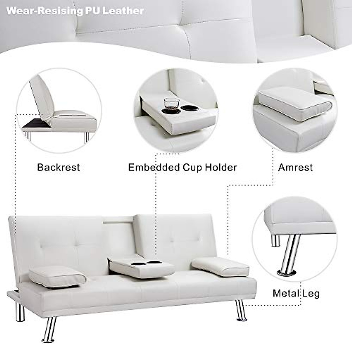 Walsunny Modern Faux Leather Sofa, Folding Reclining Sofa, Double arms, Living Room Bedroom Sofa Chair (White)