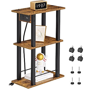 Asgolion Small Side Table with Charging Station, Narrow End Table with USB Ports and Outlets, 3 Tier Bedside Table for Small Spaces, Skinny Nightstand on Wheels for Living Room, Rustic Brown
