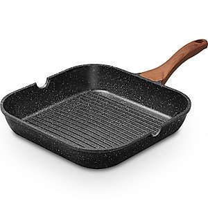 ESLITE LIFE 9.5 Inch Nonstick Grill Pan for Indoor Cooking, Versatile Induction Square Large Grilling Skillet Steak Pan for Stove Tops, PTFE & PFOA Free, Black