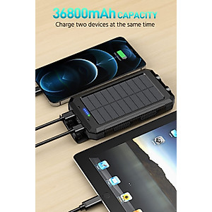 Power-Bank-Portable-Charger-Solar - 36800mAh Waterproof Portable External Backup Battery Charger Built-in Dual QC 3.0 5V3.1A Fast USB and Flashlight for All Phone and Electronic Devices (Deep Black)