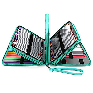 BTSKY Colored Pencil Case Holder- Big Capacity Deluxe PU Leather Storage Pencil Organizer Holds 160 Pencils with Handle Strap for School College Office Watercolor Pencils Organization(Green)