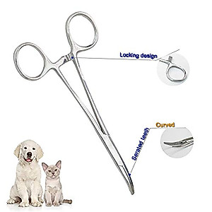 Chi-buy Pets ears/nose hair Puller Straight & Curved full serrated, stainless steel Home Hemostat Locking Forceps, Professional pet grooming tool for cats & dogs 2pcs set
