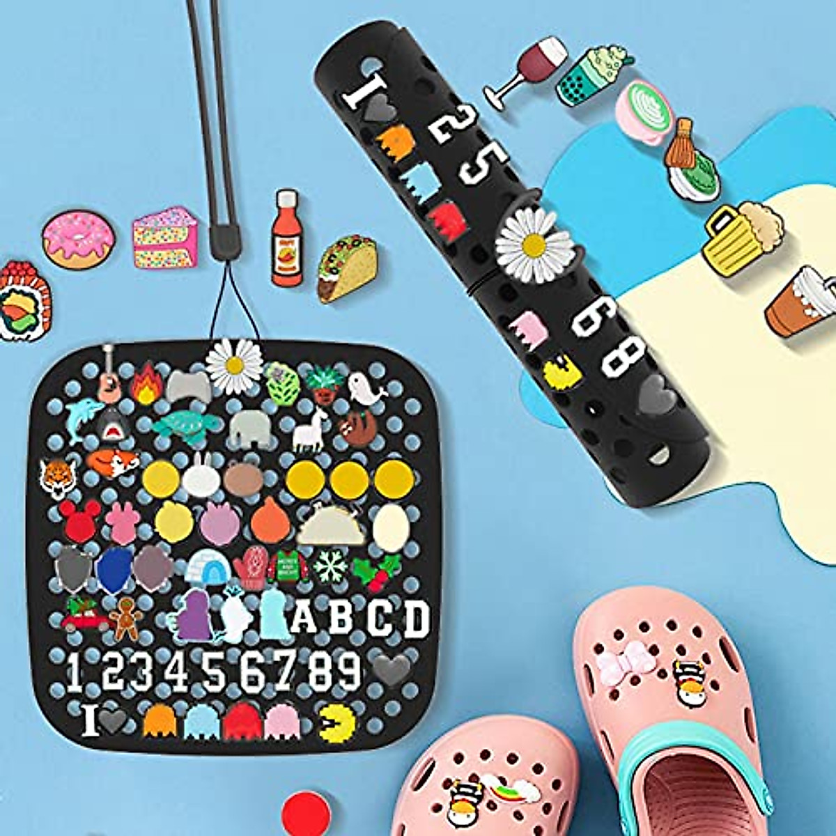 Littryee Shoe Charms Portable Roll Bag, Shoe Charms Organizer, Portable Wall Mounted Hanging Silicone Roll Storage Bag Display Stand for Shoe Charms