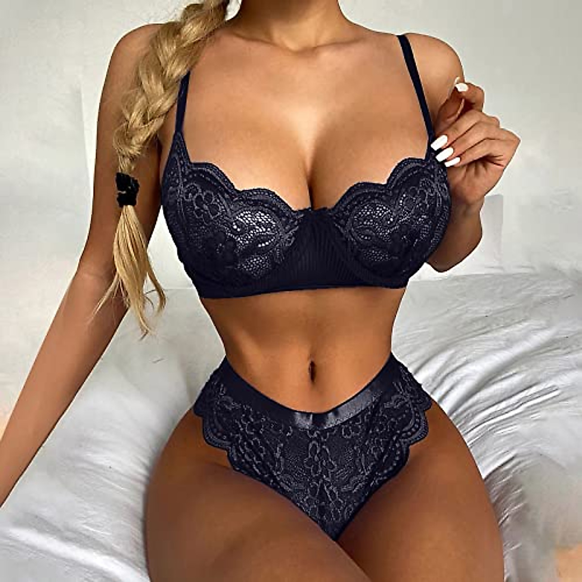 Lenceria para Mujer, Lingerie for Women 2Piece Outfits Sexy Women's Lengerie Set Women's Fashion Solid Color Lace Two-Piece Suit Underwear Panties Gifts Her Clothes Laundrie Two (XXL, Black)