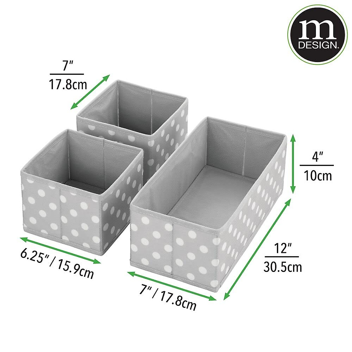 mDesign Fabric 3-Piece Divider Drawer Organizer Bin, Nursery Dresser, Closet, Changing Table Organization, Hold Clothes, Toys, Diaper, Bib, Blanket, Lido Collection, 2 Pack, Gray/White Polka Dot