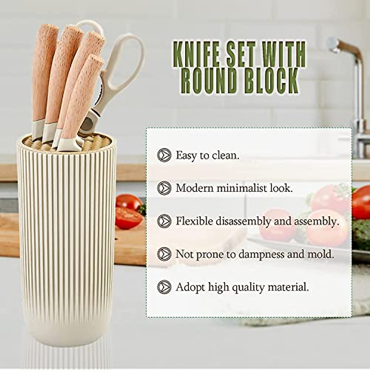 FTNESGYM Kitchen Knife Set, 6-Piece Khaki Cooking Knife Set with Star Grain Blade, Sharp Stainless Steel Chef Knife Set Contains Round Knife Storage, Knives, Scissors for Home Kitchen (Khaki)