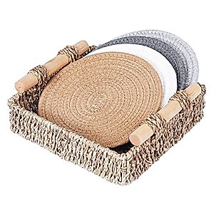Pot Holders Trivets Set 4 Pcs with Seagrass Basket Holder, Cotton Trivets for Hot Pots and Pans, Potholders for Hot Dishes, Kitchen Counter Table Coasters Hot Pads Hot Mats (7 inch)