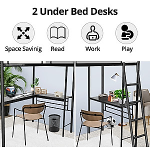 INCLAKE Twin Size L-Shaped Loft Bed with 2 Built-in Desks, Metal Loft Corner Bed with 2 Ladders and Safety Guard Rail, Heavy-Duty Bunk Bed for 2 Children Adults, Space Saving & No Noise, Black