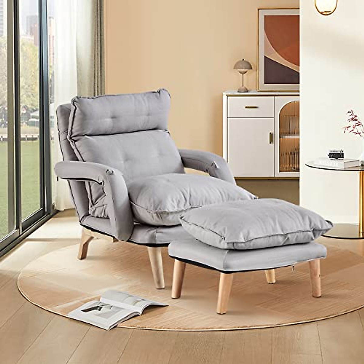 CLIPOP Modern Living Room Accent Chair with Ottoman, Comfy Linen Armchair with Adjustable Backrest(5 Angles), Solid Wood Legs, Leisure Upholstered Single Sofa Chair with Footrest,Grey