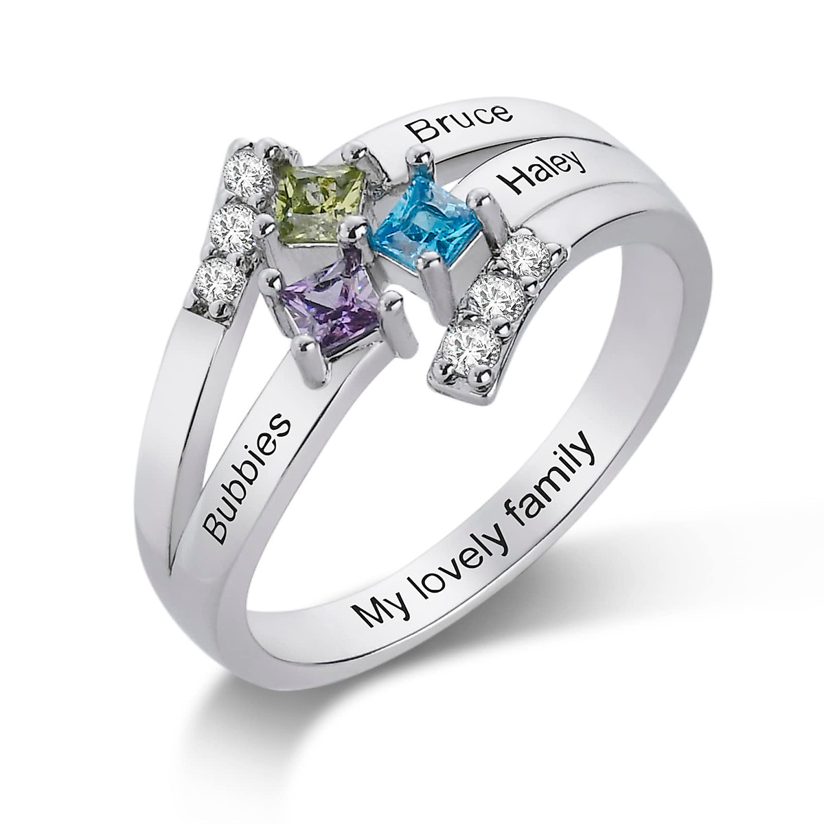 Seecoco Personalized Mothers Ring with 3 Simulated Birthstones for Mom Engraved Name Ring for Women Promise Rings for Her Custom Family Ring for Wife Grandmother Jewelry Gifts