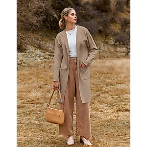 MEROKEETY Long Hooded Cardigan Sweaters for Women Oversized Open Front Coatigan Lady Jacket Coat Pockets, Khaki, Medium