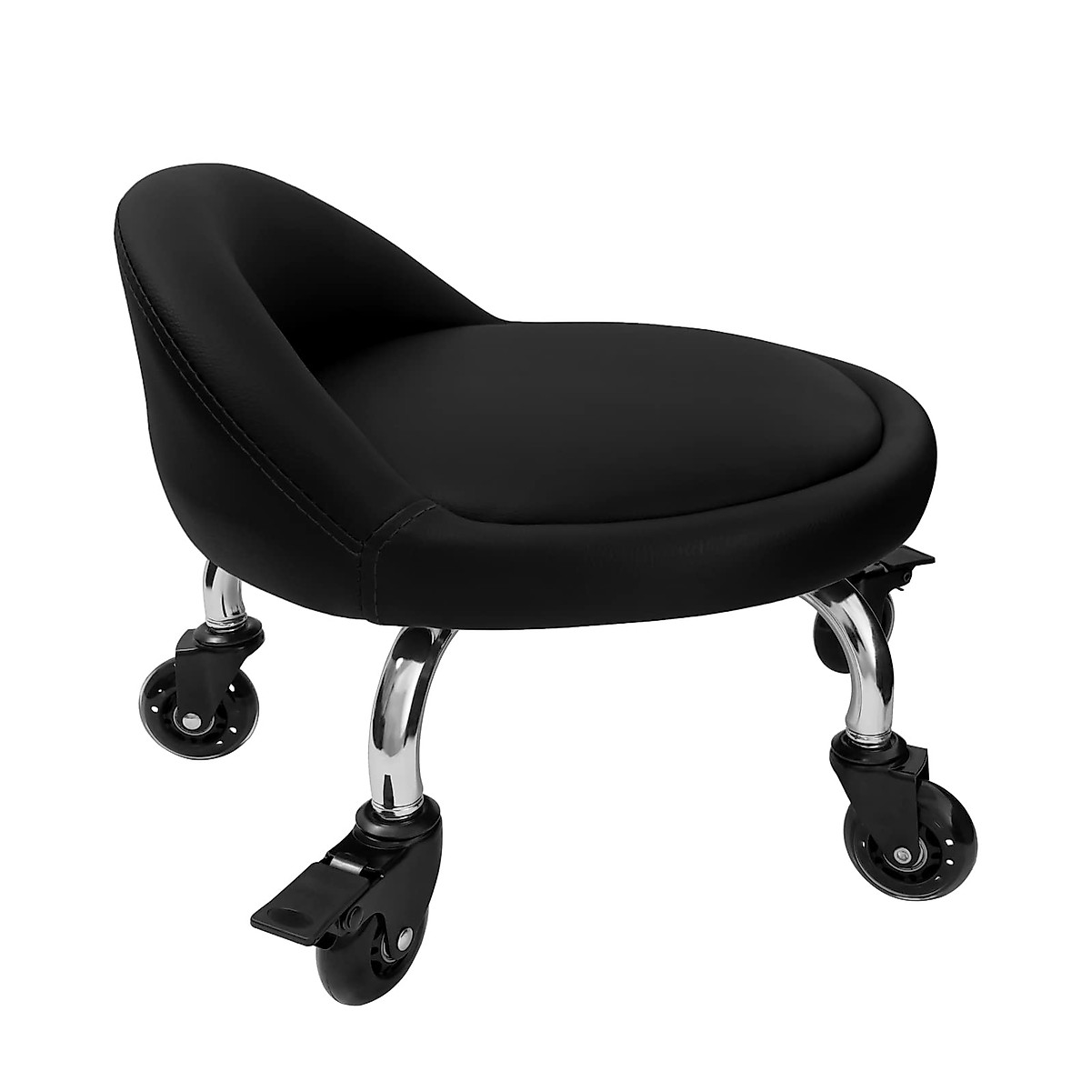 IMMER LIEBEN Rolling Stool with Backrest Low Height Roller Stool with Universal Swivel Caster Wheels for Home Office, Adult, Kids Chair, Garage, Library PU Leather Black