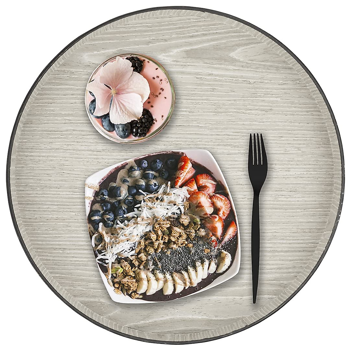 Koyal Wholesale Faux Wood Round Decorative Tray Rustic Wood Tray for Kitchen Counter, Coffee Table, Birch, 1-Pack