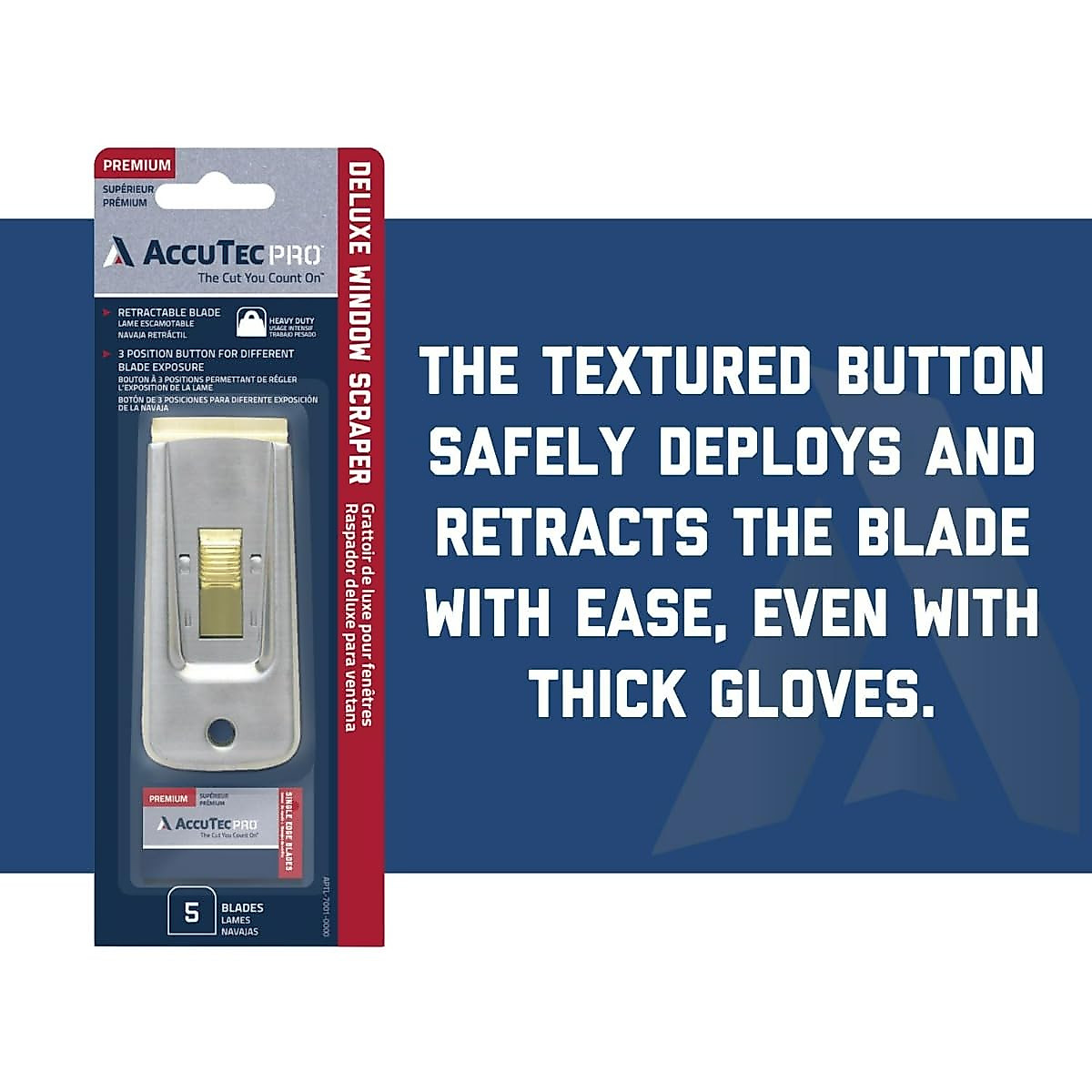 AccuTec Pro Heavy Duty Window Scraper with 5 Blades - Full Metal Body for Longevity and High Carbon Steel Blades for Optimized Sharpness and Durability - APTL-7001