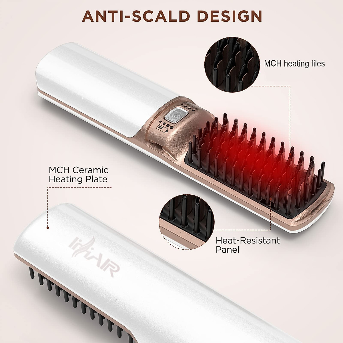 IHHAIR Hot Hair Straightener Brush,Portable Mini Cordless Hair Straightener with Travel Size USB Rechargeable 6400MAH,2 in 1 Hot Comb Hair Straightener for Women & Men with Short Hair(White)