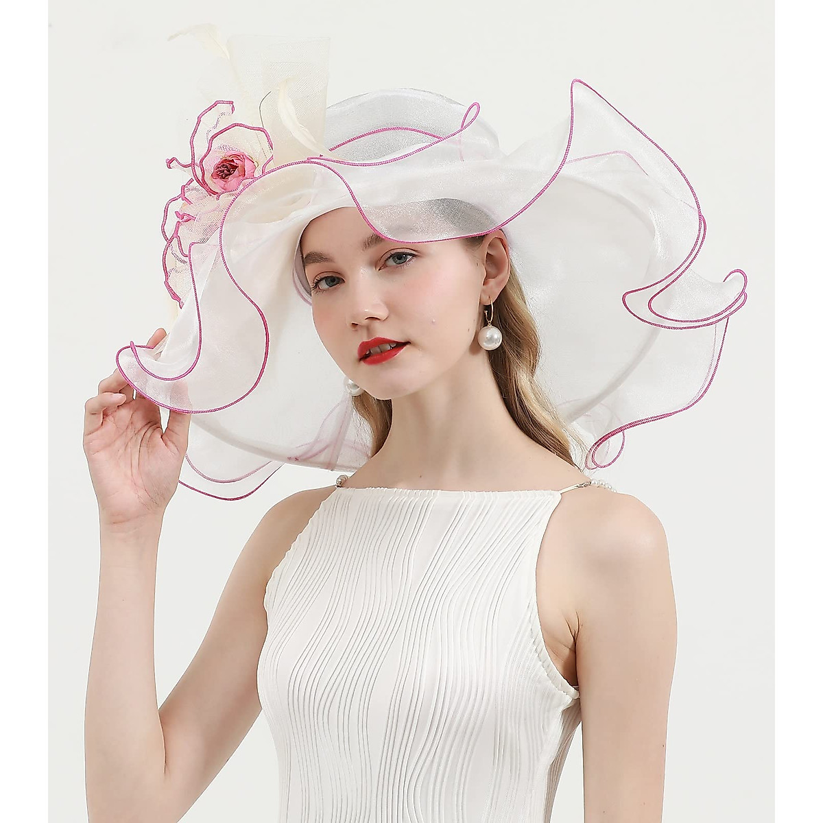 RZTA Women's Kentucky Derby Church Dress Hat Wide Brim Leaf Flower Bridal Shower Hat 01White,Pink