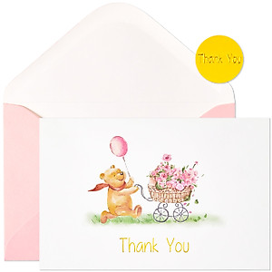 Crisky Baby Shower Girl Thank You Cards with Envelopes 50 Pack Pink Baby Shower Greeting Notes Bulk (Cute Bear with Baby Carriage)