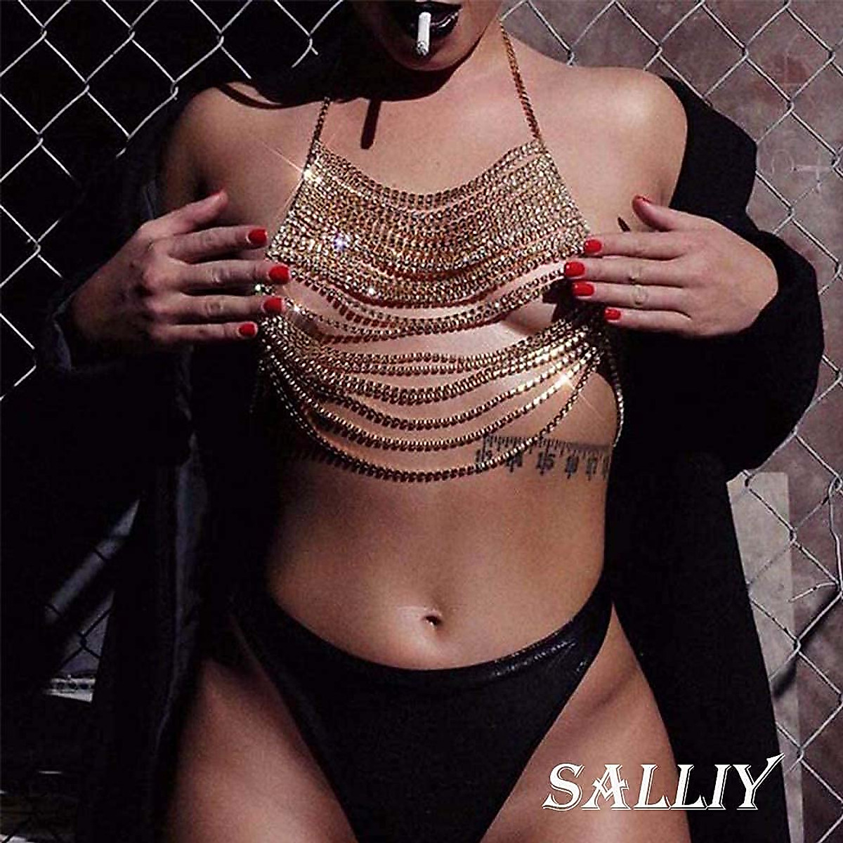 Salliy Boho Body Chain Bra Gold Sexy Rhinestone Bikini Bra Body Halter Backless Sequins Chain Bra Beach Body Accessories Jewelry for Women and Girls (Gold Bra)
