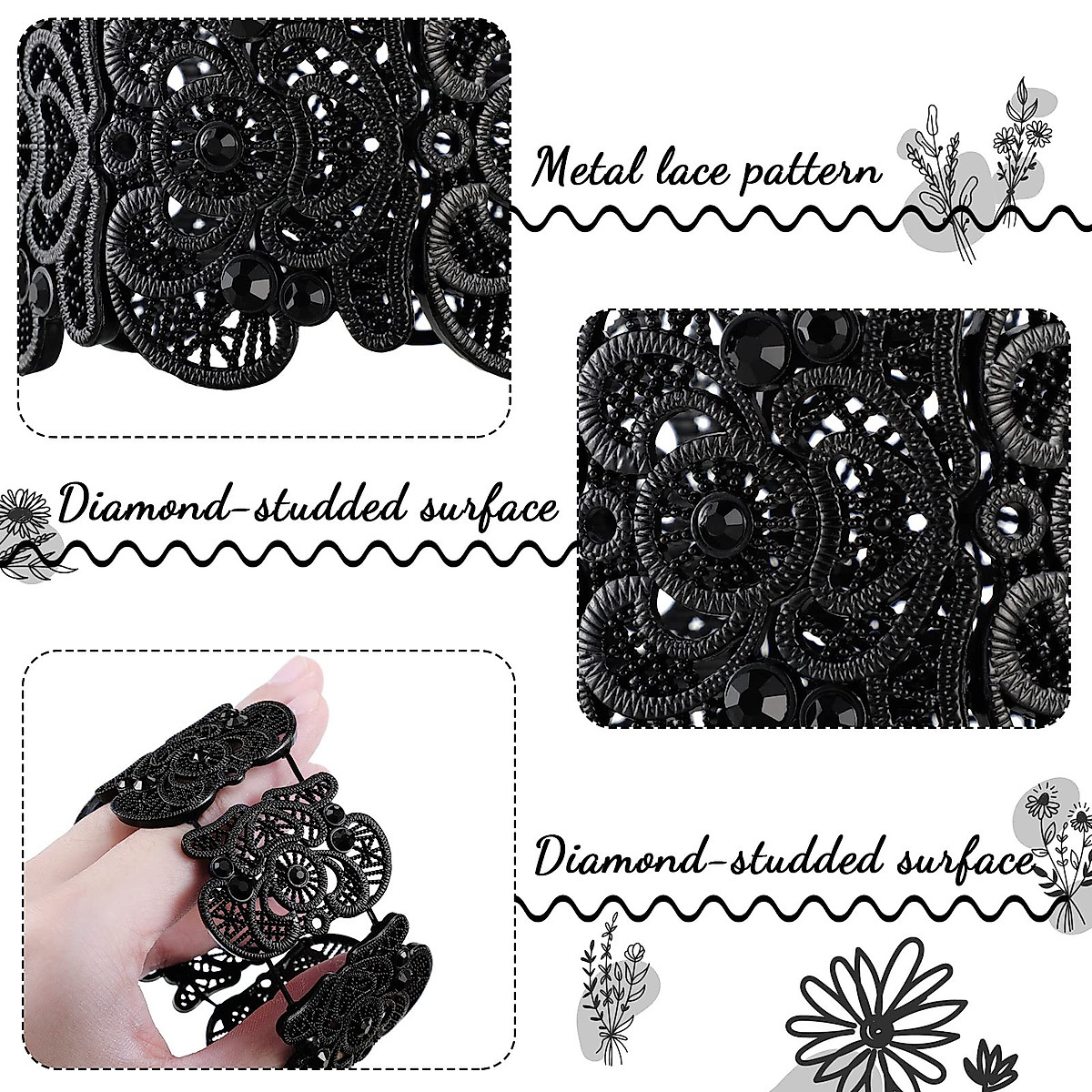 2 Pieces Black Bracelet for Women Gothic Bracelet Vintage Filigree Jewelry Ladies Cuff Bracelets Bohemian Lace Bracelet Lace Cuff Bangle Bracelet Wide Stretch Rhinestone Bracelets Statement Bracelet