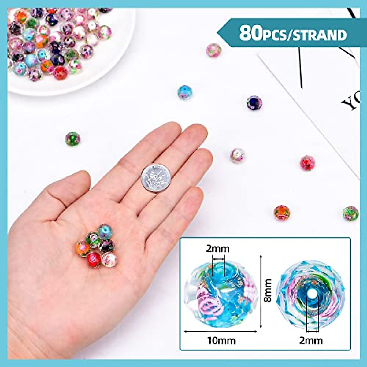 80pcs Flower Glass Beads for Jewelry/Bracelets/Crafts/Necklace Making,Gold Sand Lampwork Beads Cute Crystal Beads Sea Glass Seed Boho Beads for Rosary Crafts Handmade (10mm Mixed Color)