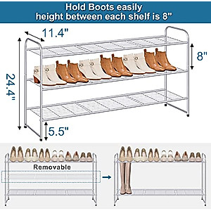KIMBORA Metal Long Shoe Rack for Closet, 3 Tier Wide Shoe Organizer for Entryway, 24 Pairs Stackable Shoe Storage Shelf for Bedroom Floor with Wire Grid (Grey)